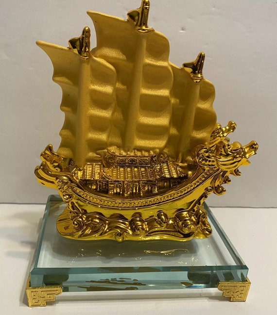 7”H Feng Shui Golden Lucky Dragon Ship Sailing Boat Statue Home Office ...