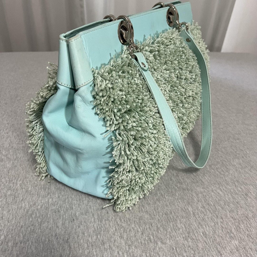 Vintage Jerry Terrence Shag Carpet Bag Tote Womens Green Aqua Leather ...