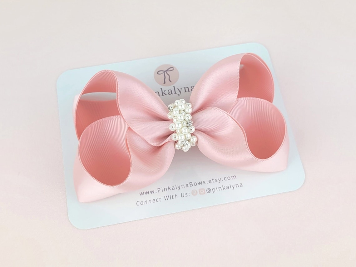 Satin Hair Bow With Pearls and Rhinestones. Flower Girl Bow - Etsy