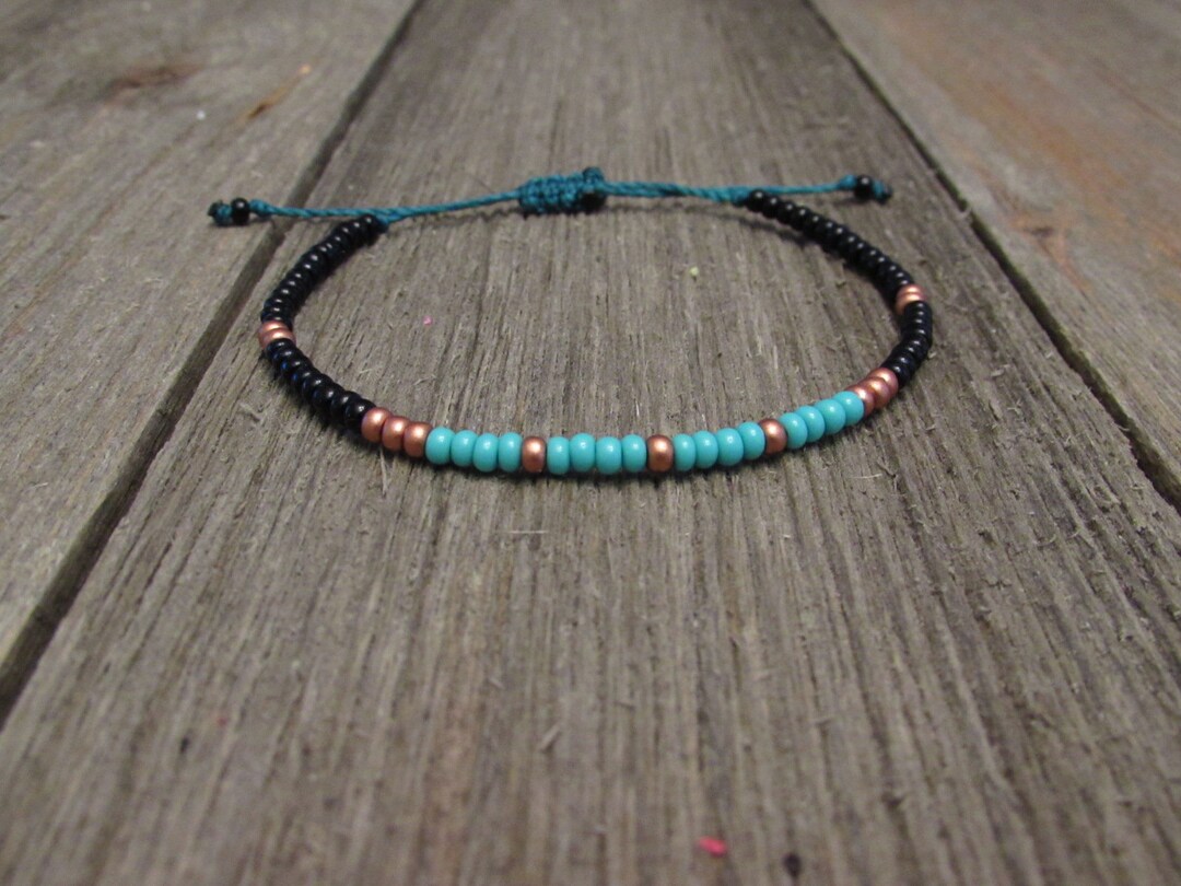 Glass Seed Bead Bracelet | Adjustable and Waterproof | Black/turquoise ...