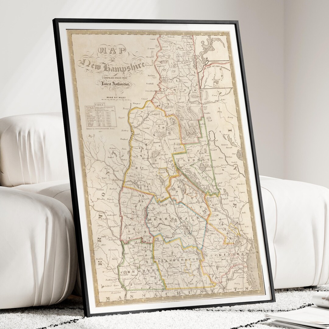 New Hampshire Map, New Hampshire Map Print, New Hampshire Print, New ...