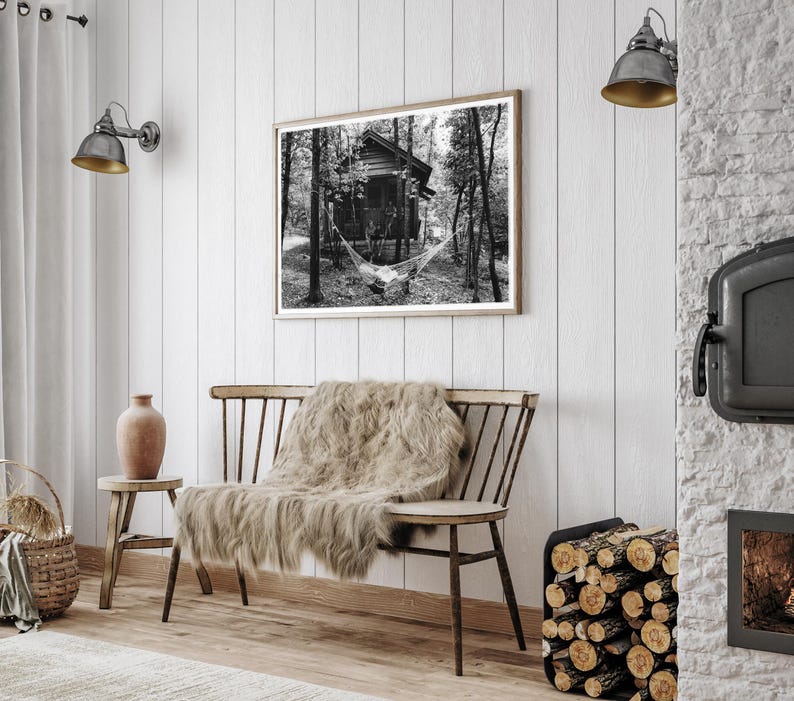 Vintage Cabin Print, Camping Poster, Black and White, Forest Print ...