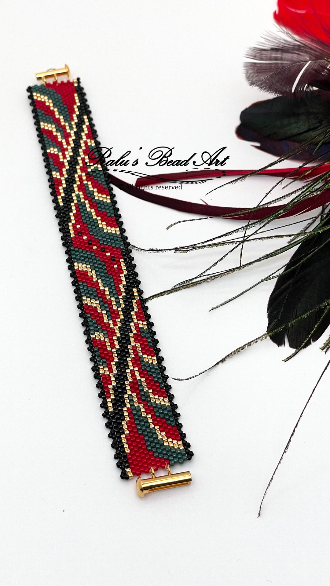 FIERY FEATHERS, Even Count Peyote Stitch Pattern, DIY Red Gold Green ...