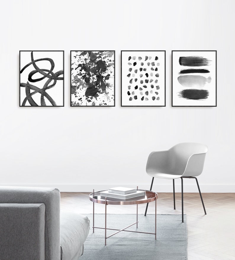 Black and White Set of 4 Abstract Watercolor Prints Modern | Etsy