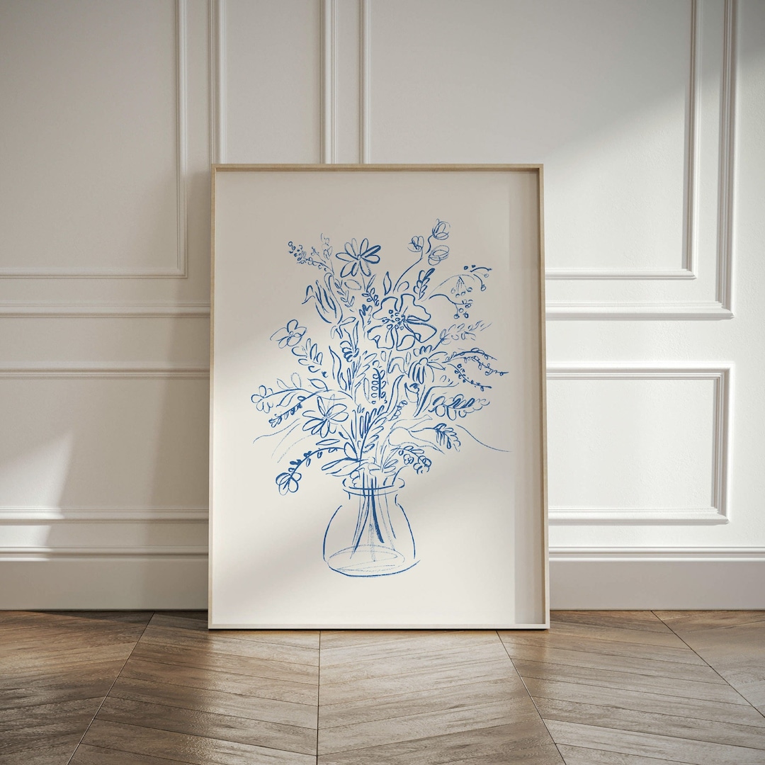 Blue Floral Still Life Drawing - Flower Bouquet Art Print - Bohemian ...