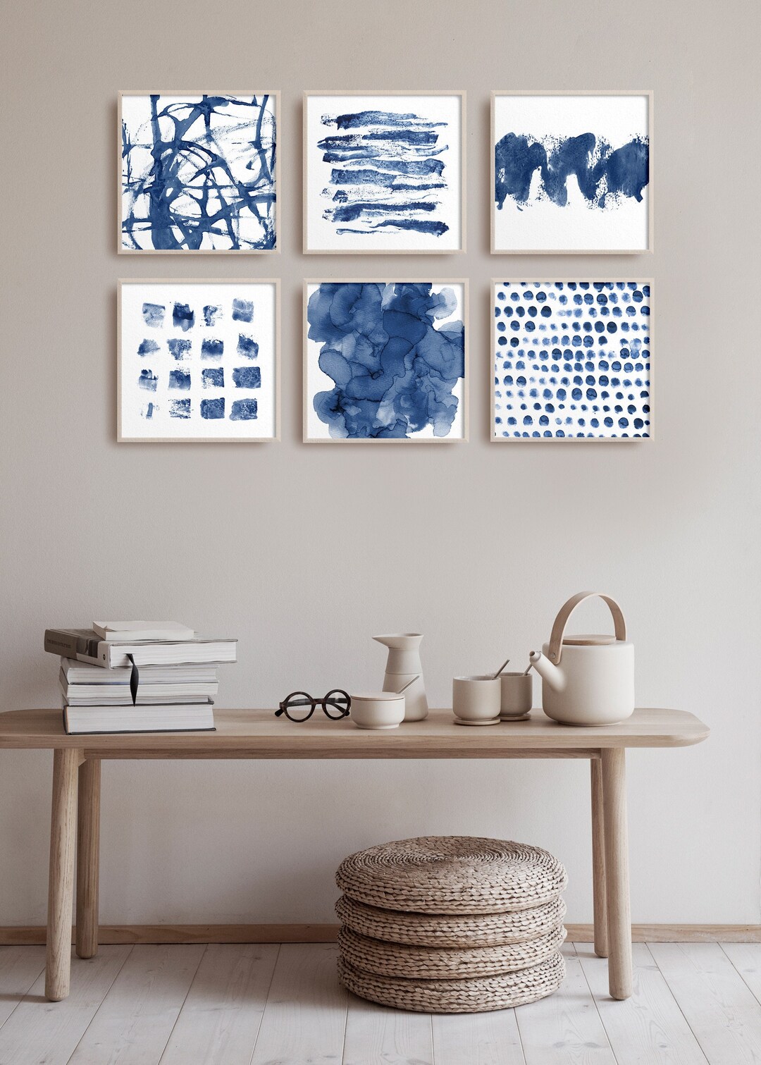 Navy Blue Watercolor Set of 6 Square Prints - Abstract Minimalist Art ...