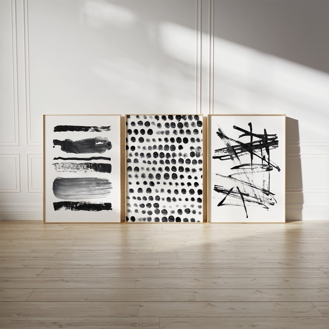 Set of 3 Black and White Watercolor Prints Modern Abstract Brush Stroke ...