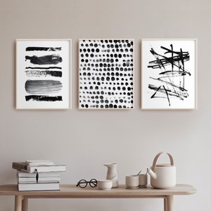 Set of 3 Black and White Watercolor Prints Modern Abstract Brush Stroke ...