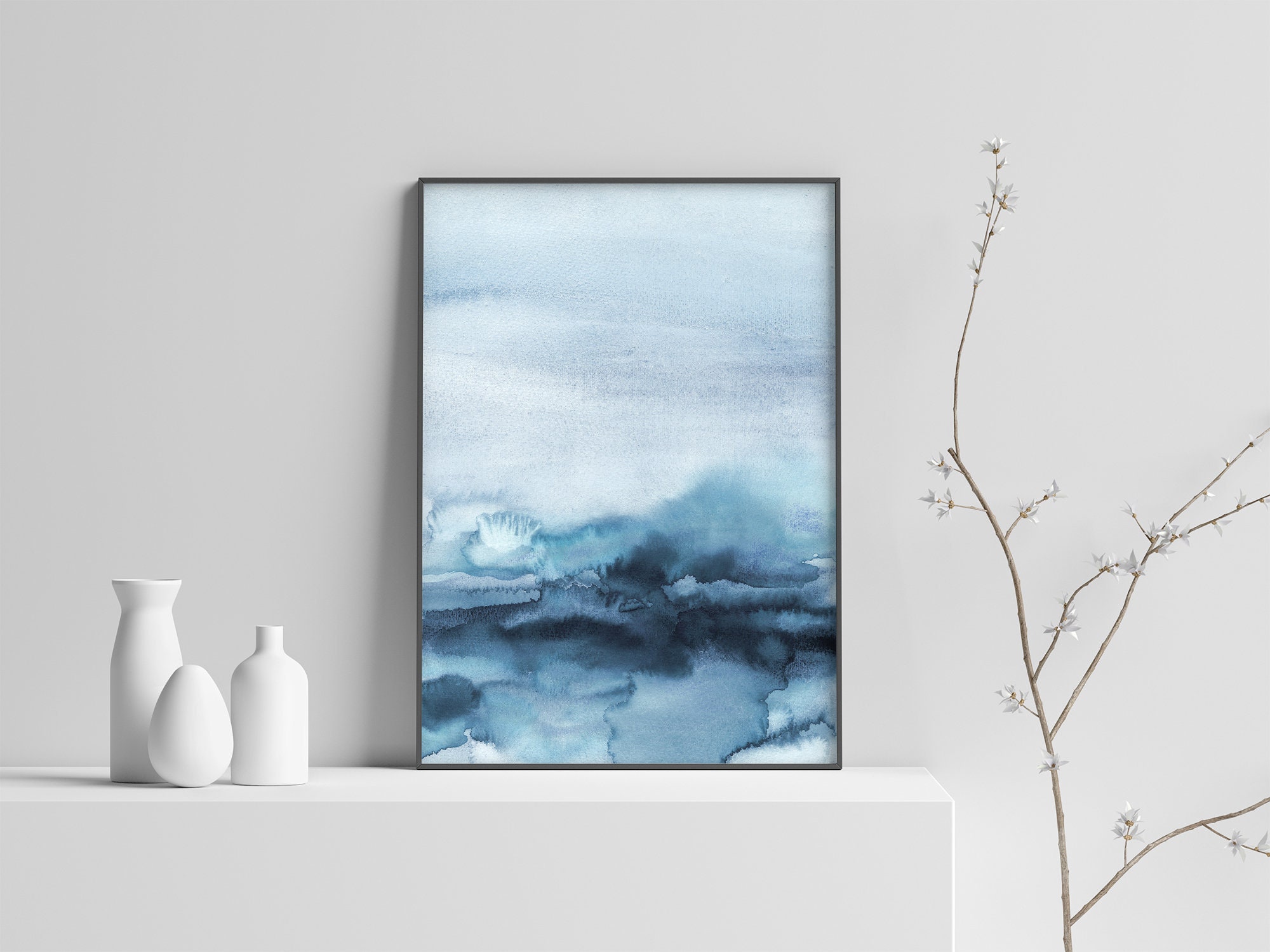 Blue Abstract Watercolor Landscape Modern printable wall art | Etsy