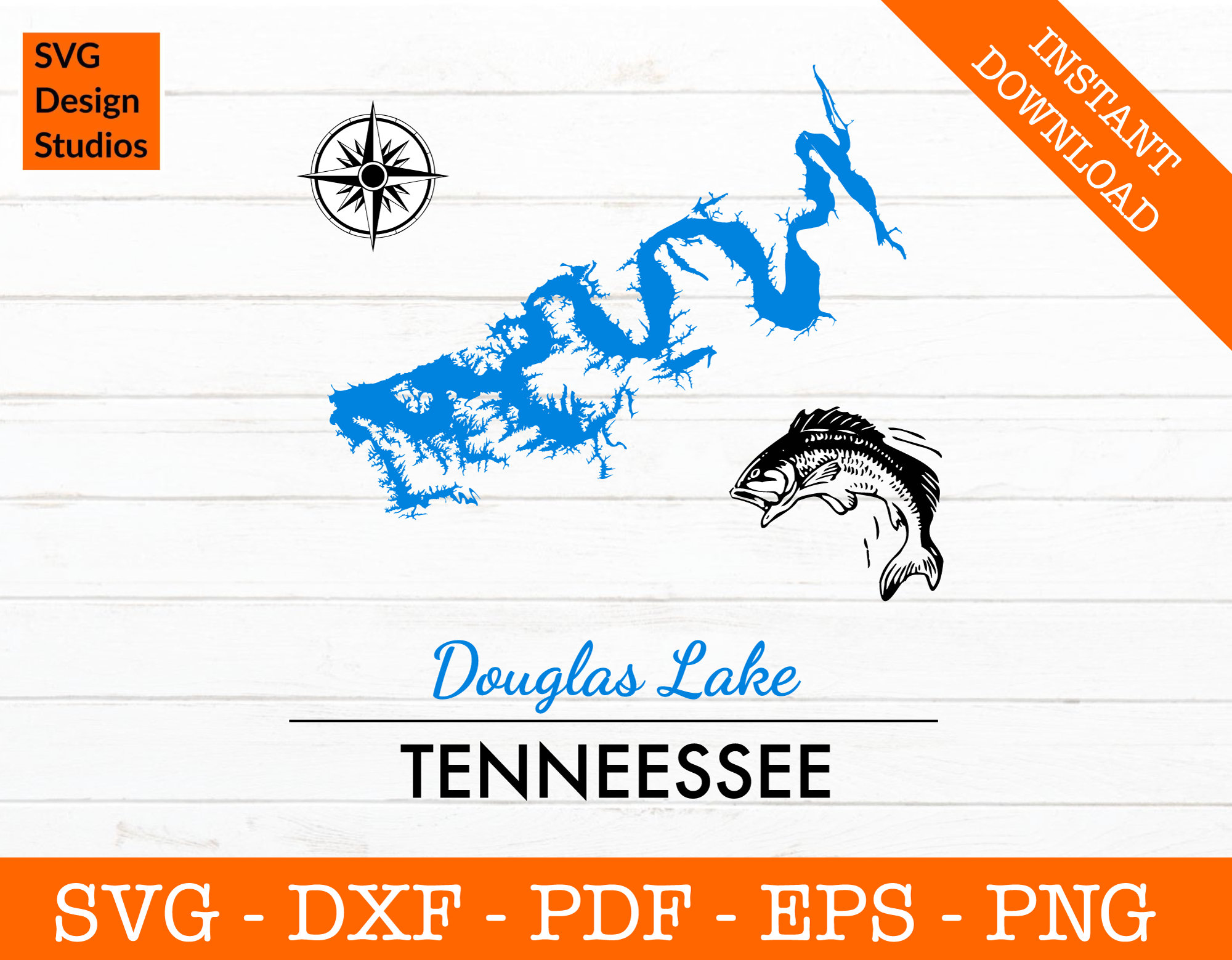 Douglas Lake Svg, Tennessee Map With Compass and Bass Cut File - PNG ...