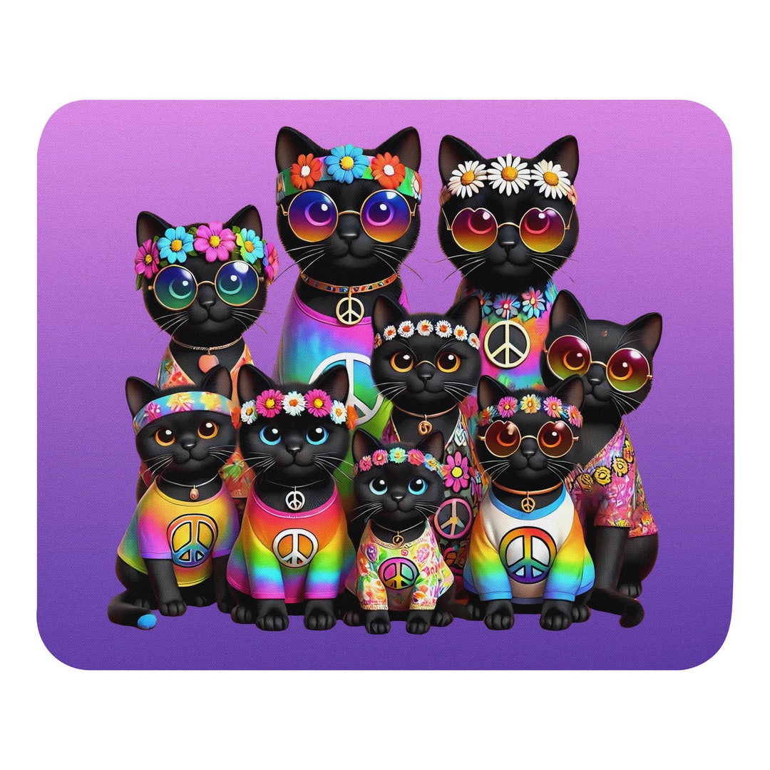 Black Cats Mouse Pad, Hippie Cats Small Mouse Pad, Gift for Cat Lovers ...