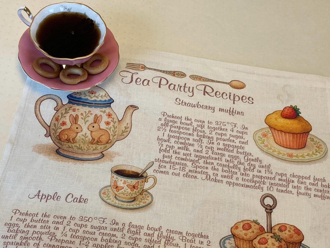 Elegant Linen Tea Towel – Tea Party Recipes, Artisan Kitchen Gift ...
