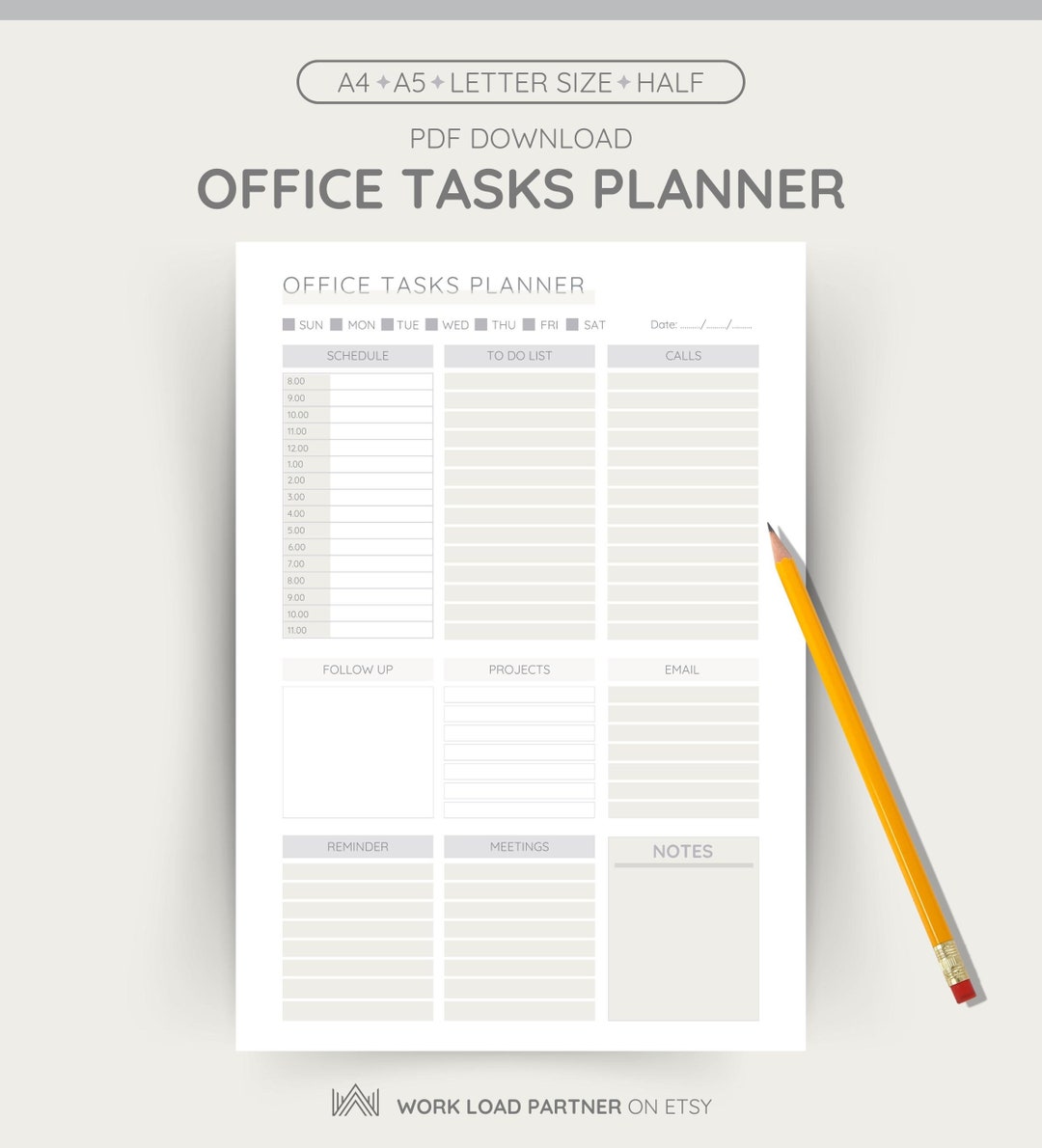 Office Tasks Planner Printable, Minimalist Productivity Tracker, Work ...