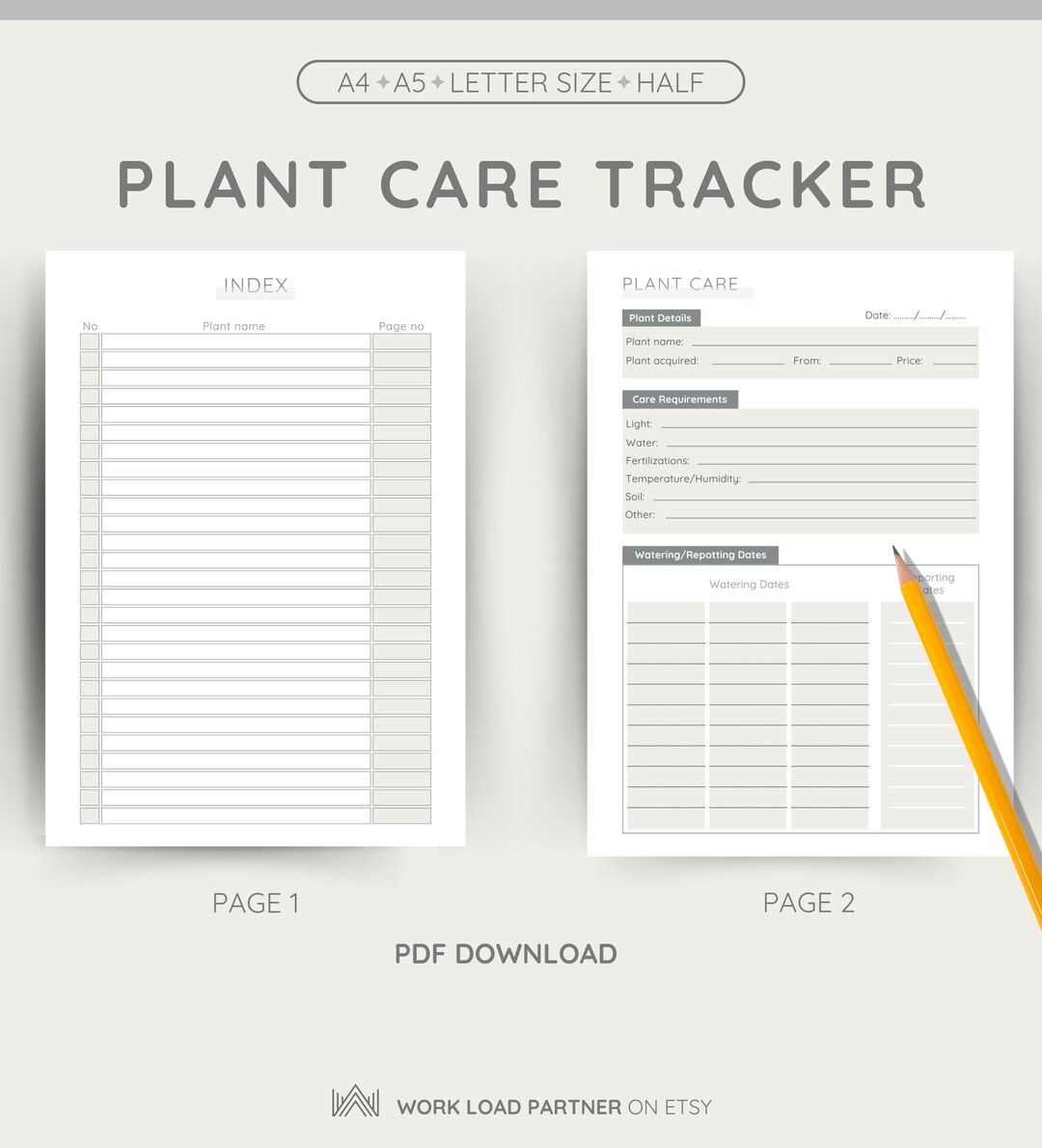 Plant Care Tracker Printable, Minimalist Gardening Log, Plant ...