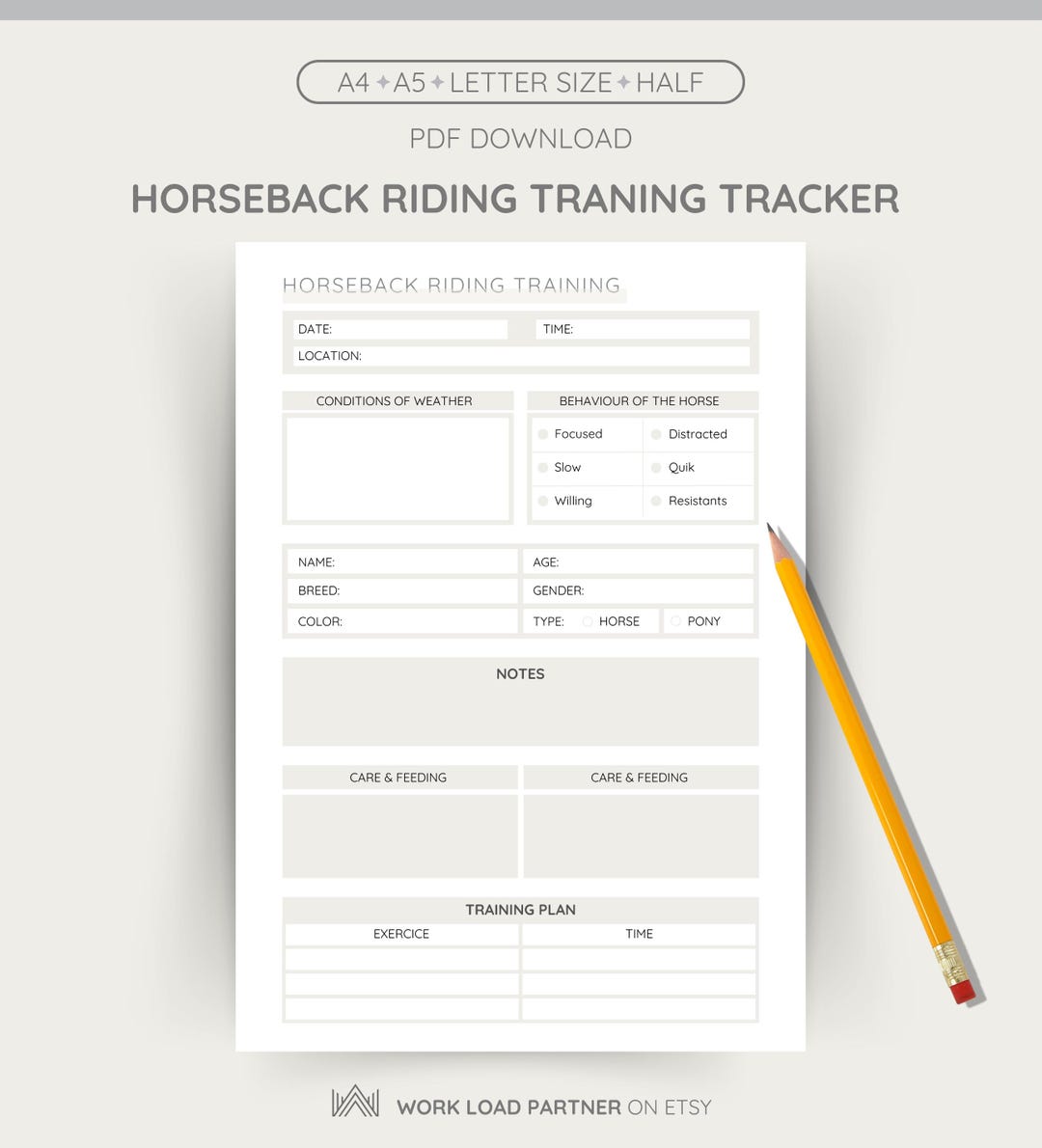 Horse Training Log Printable for Riding Lessons and Barn Management ...