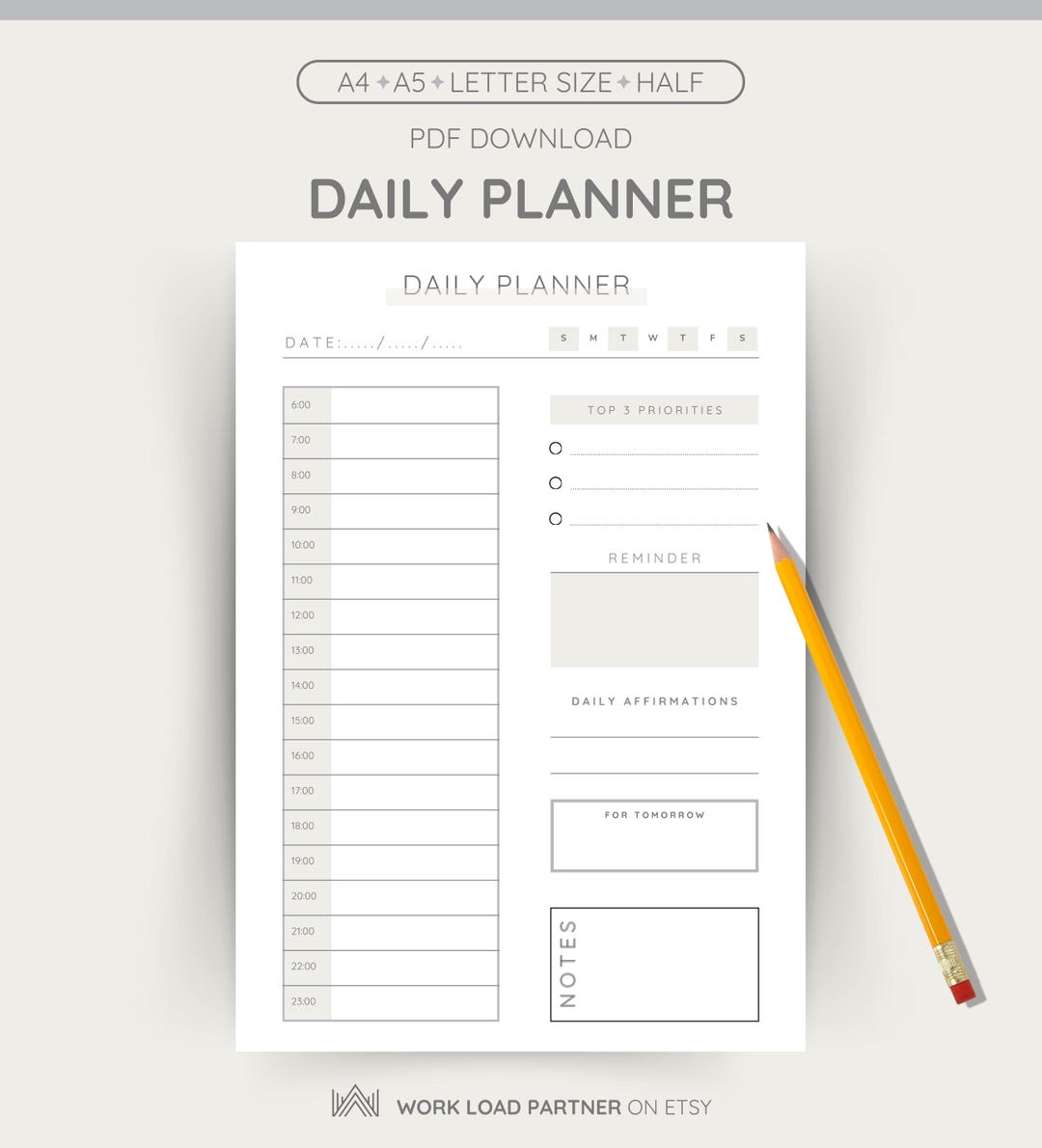 Minimalist Daily Planner Printable • Hourly Schedule, To-do List (PDF ...