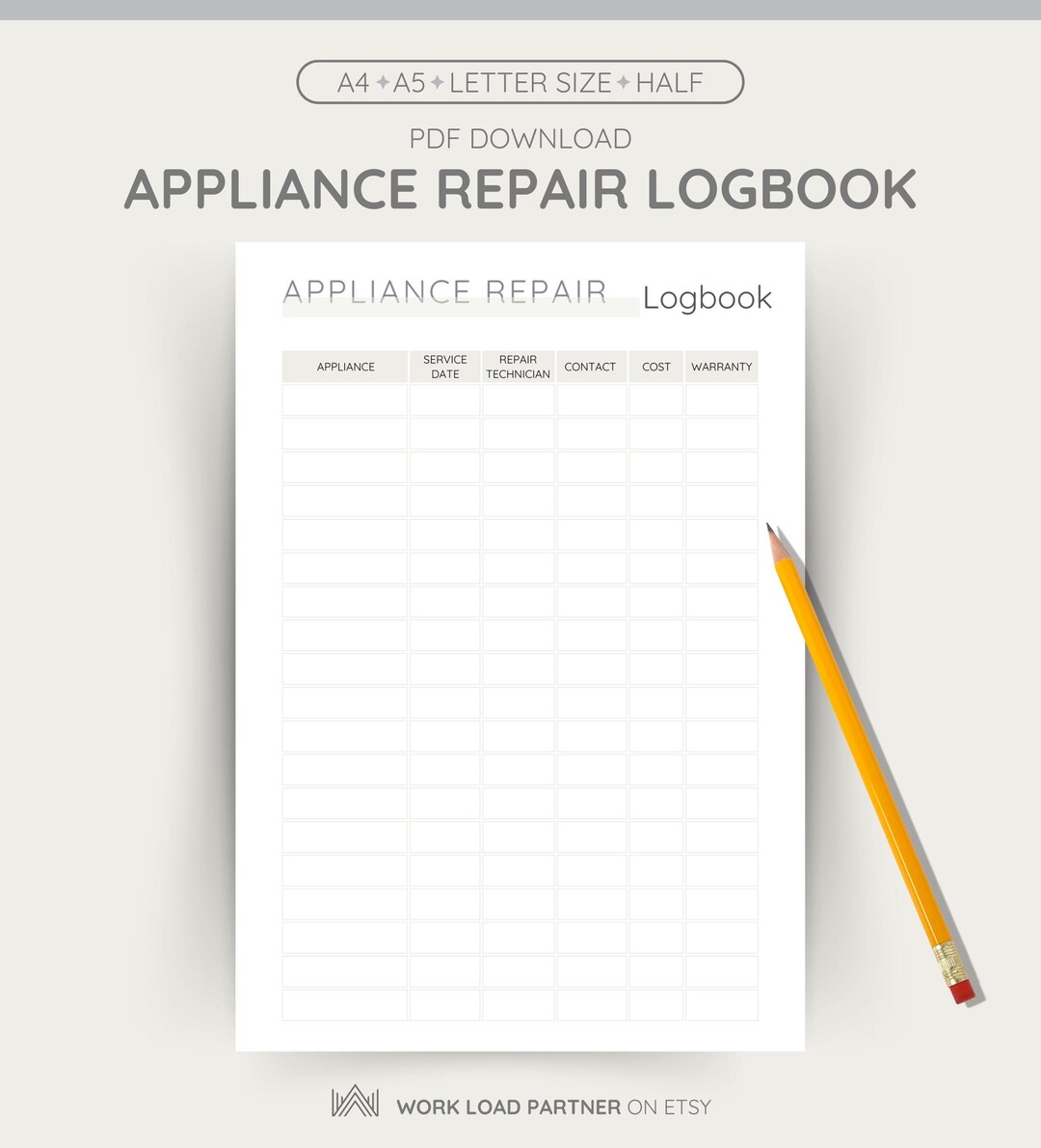 Appliance Repair Logbook, Simple Printable PDF for Service Maintenance ...