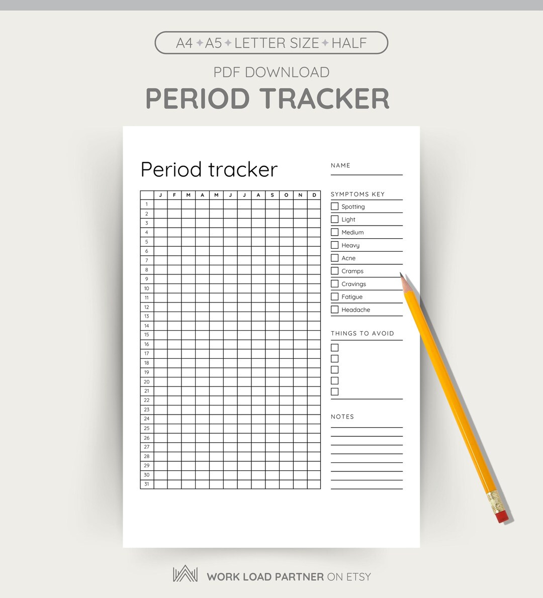 Minimalist Period Tracker Printable • Symptom Log (digital Download) - Etsy