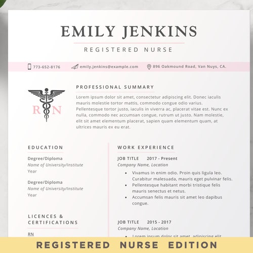 Nursing Resume Template for Word RN Registered Nurse Resume - Etsy