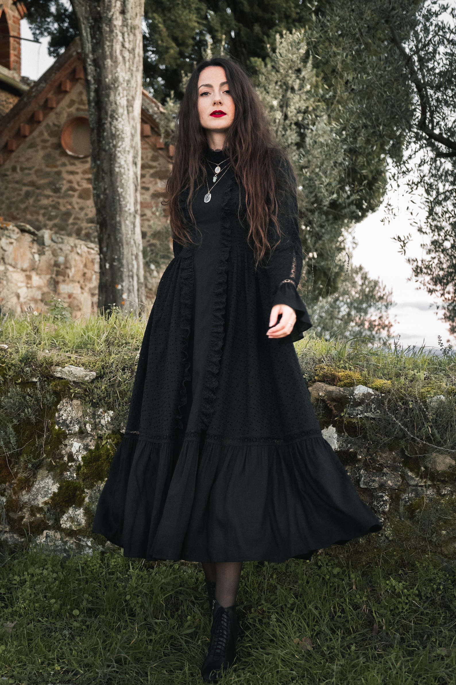 Black Cotton Maxi Dress: Royalcore Gothic Bell Sleeve Ruffle Lace - Etsy
