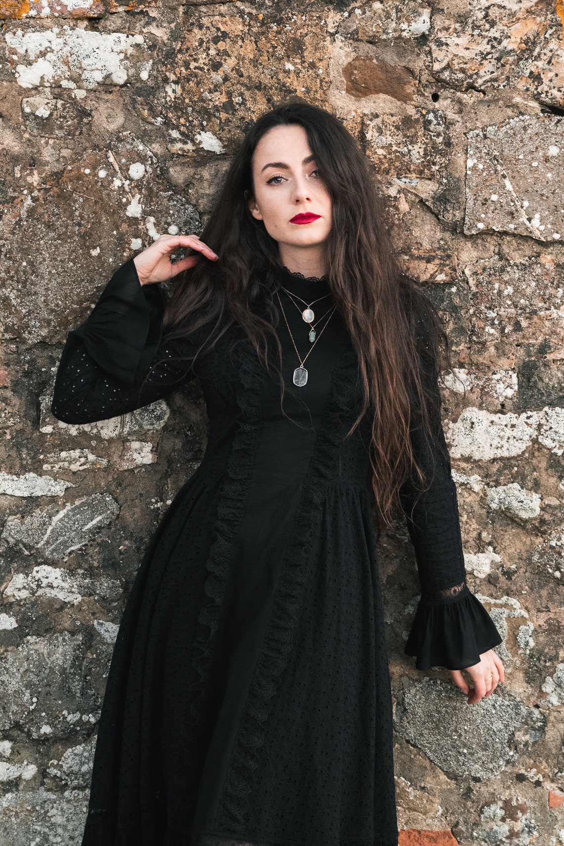 Black Cotton Maxi Dress: Royalcore Gothic Bell Sleeve Ruffle Lace - Etsy