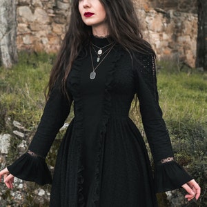 Black Cotton Maxi Dress: Royalcore Gothic Bell Sleeve Ruffle Lace - Etsy