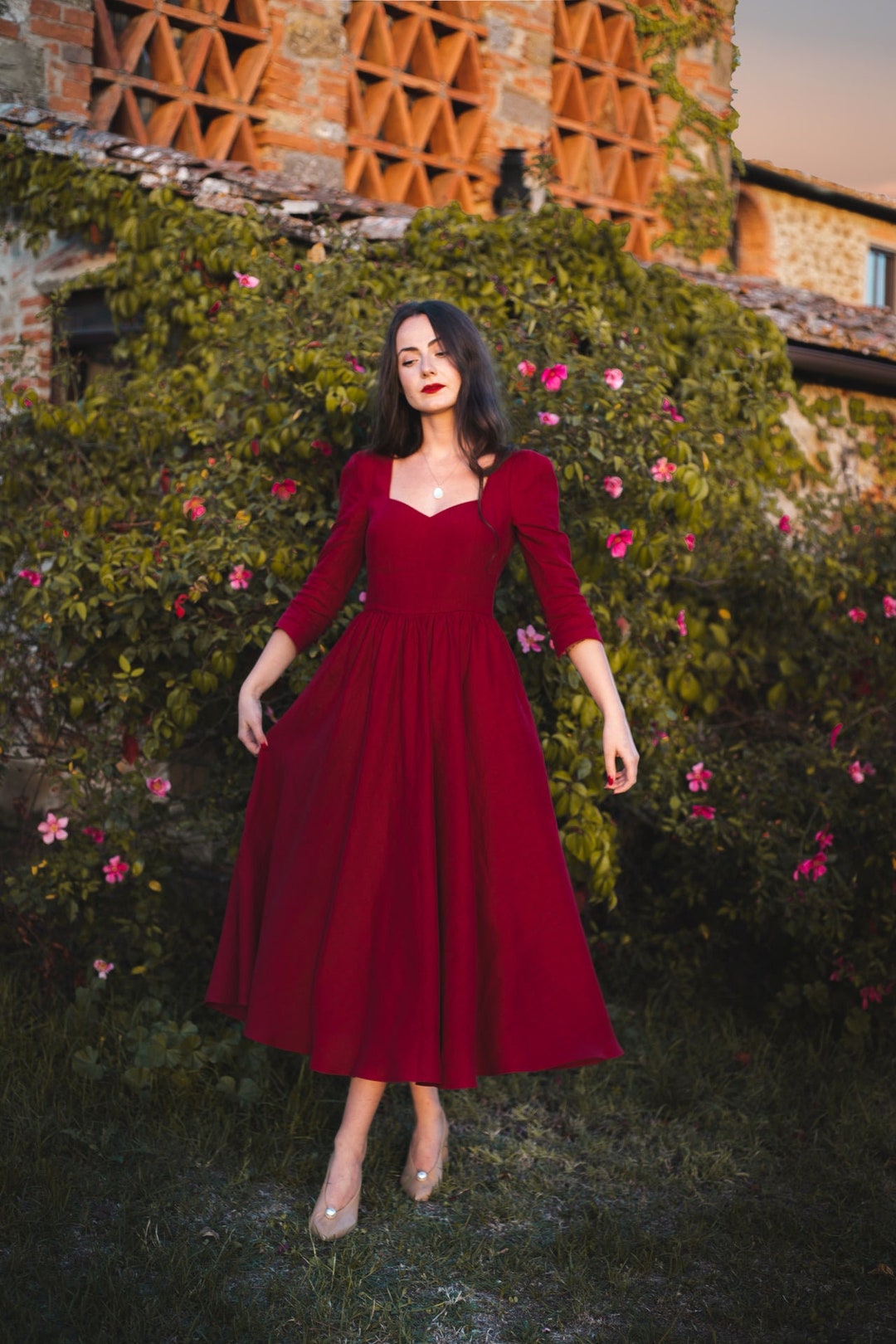 Royalcore, Princesscore Dress, Burgundy Cottagecore Dress, Full Circle ...