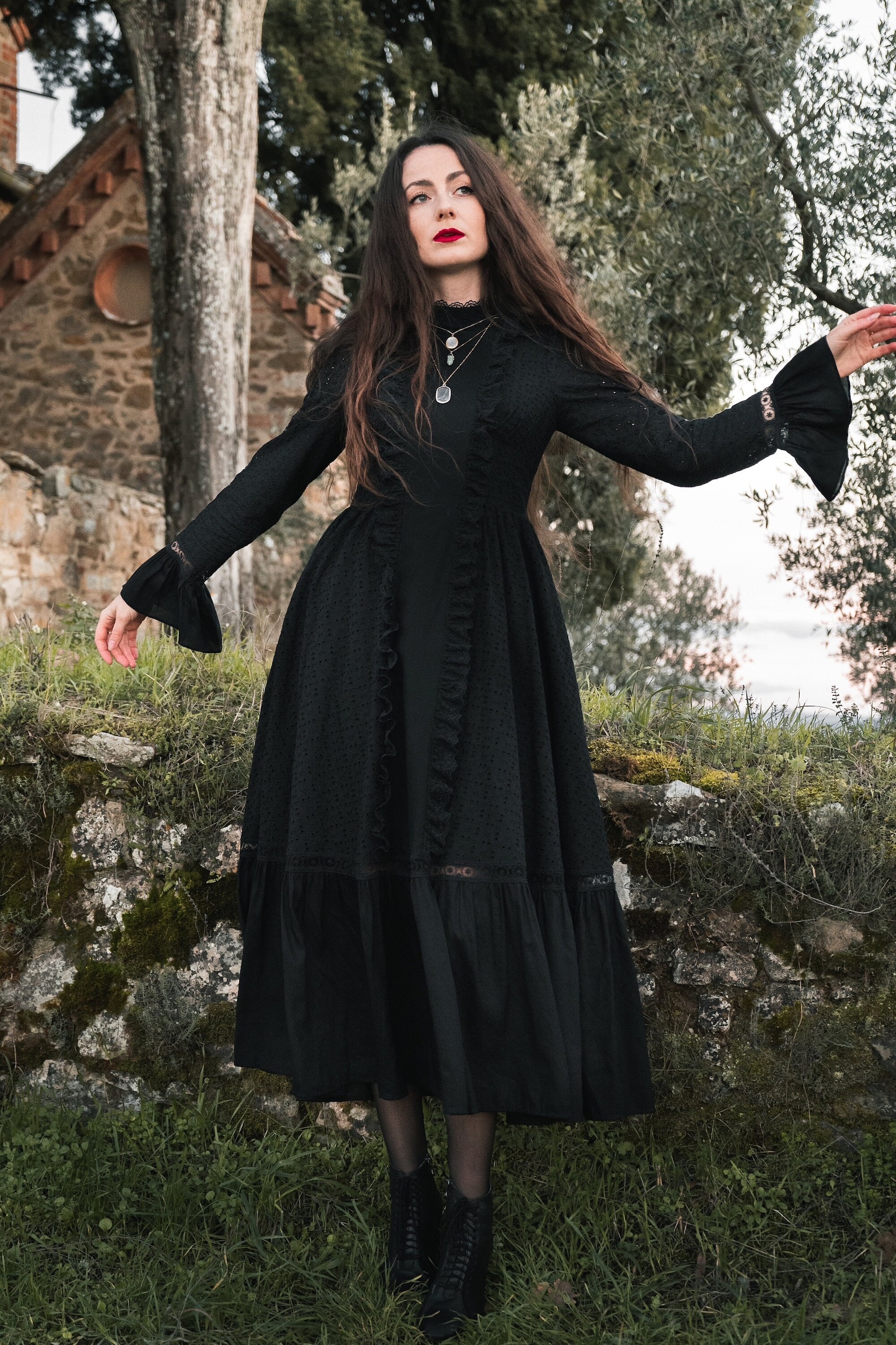 Black Cotton Maxi Dress: Royalcore Gothic Bell Sleeve Ruffle Lace - Etsy