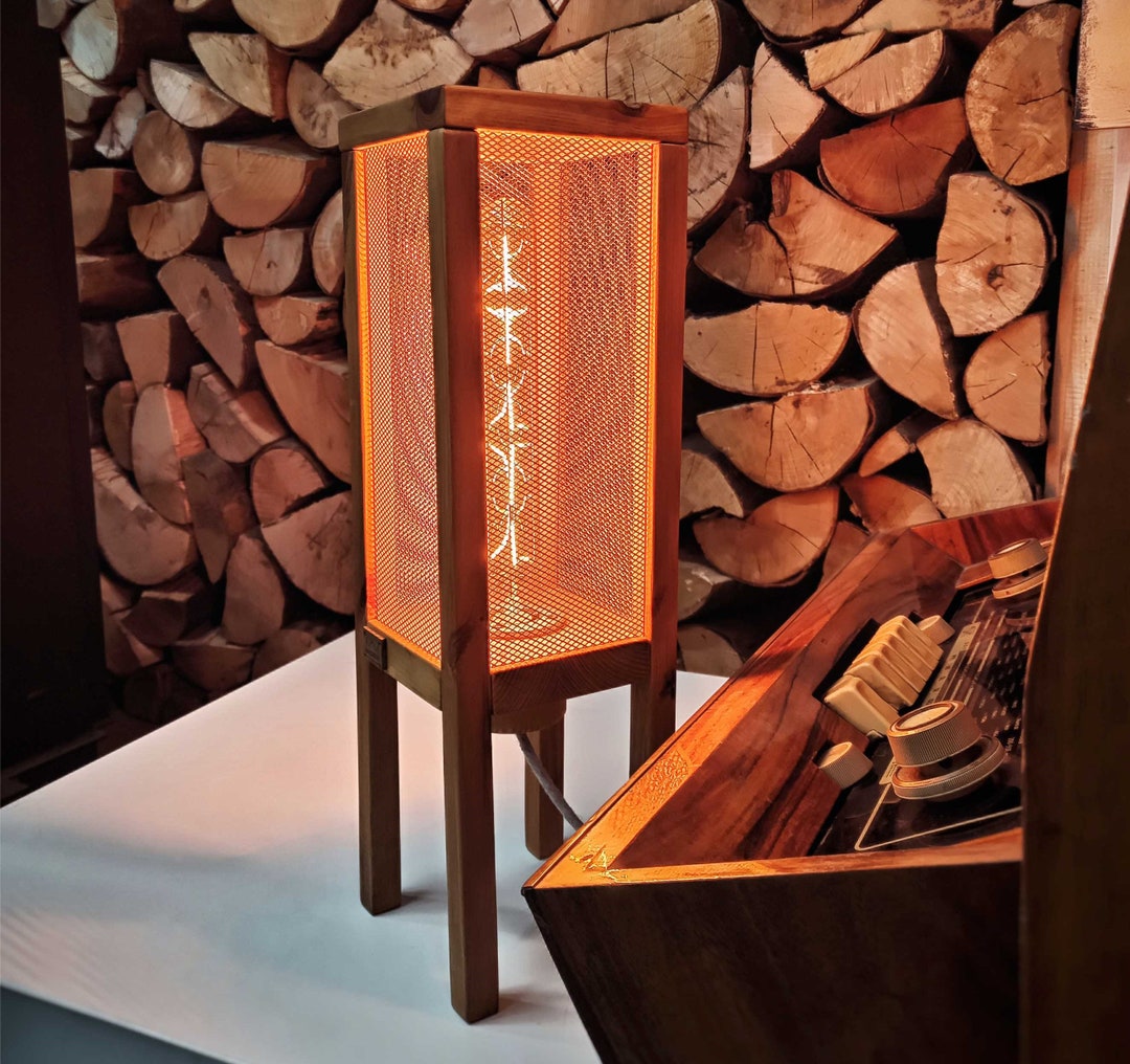 Atmospheric Lamp With a Metal Mesh. Wooden Decorative Lamp. Industrial ...