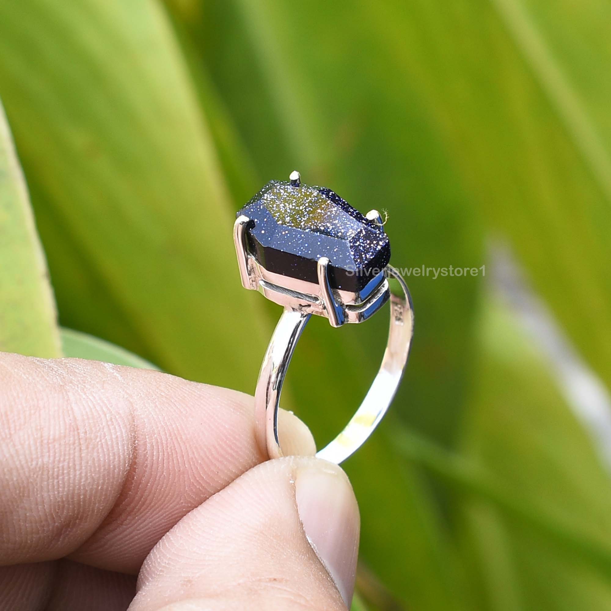 Coffin Ring Blue Sunstone Ring Sterling Silver Ring Prong | Etsy