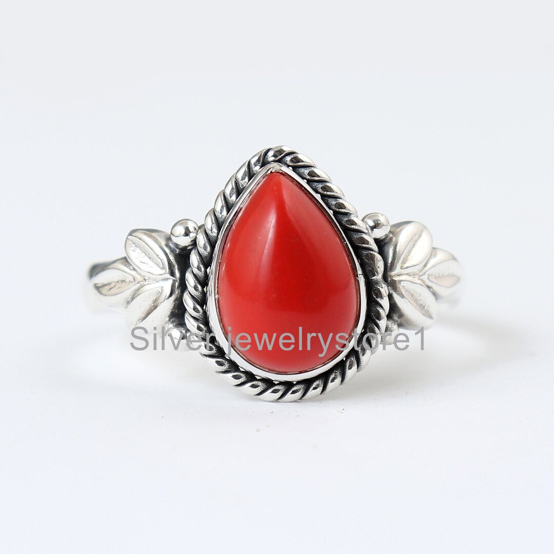 Red Coral Ring, Pear Shape Gemstone Ring, 925 Silver Ring, Red Coral ...