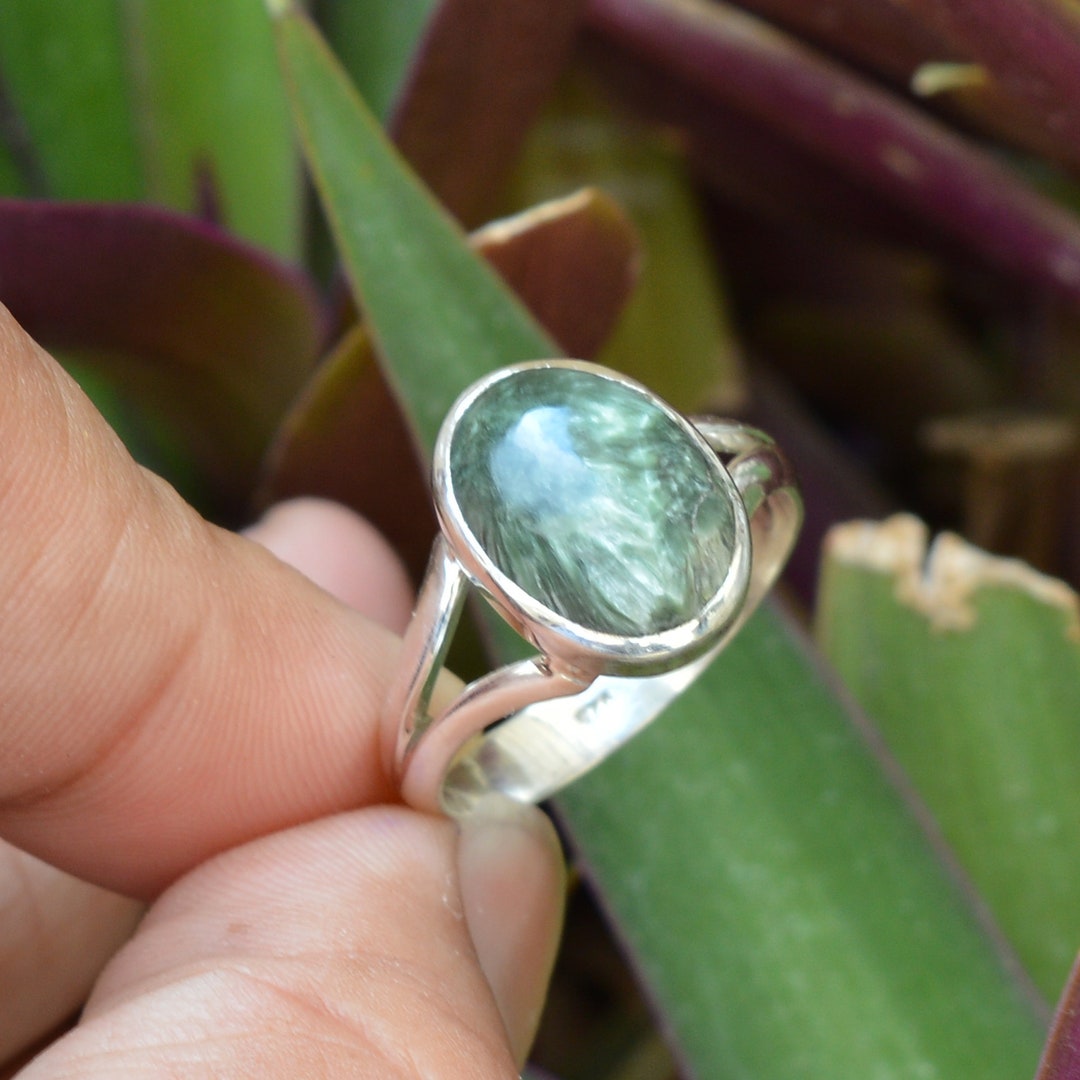 Handmade Seraphinite Silver Ring: Oval Green Gemstone, US Size 9.5 - Etsy