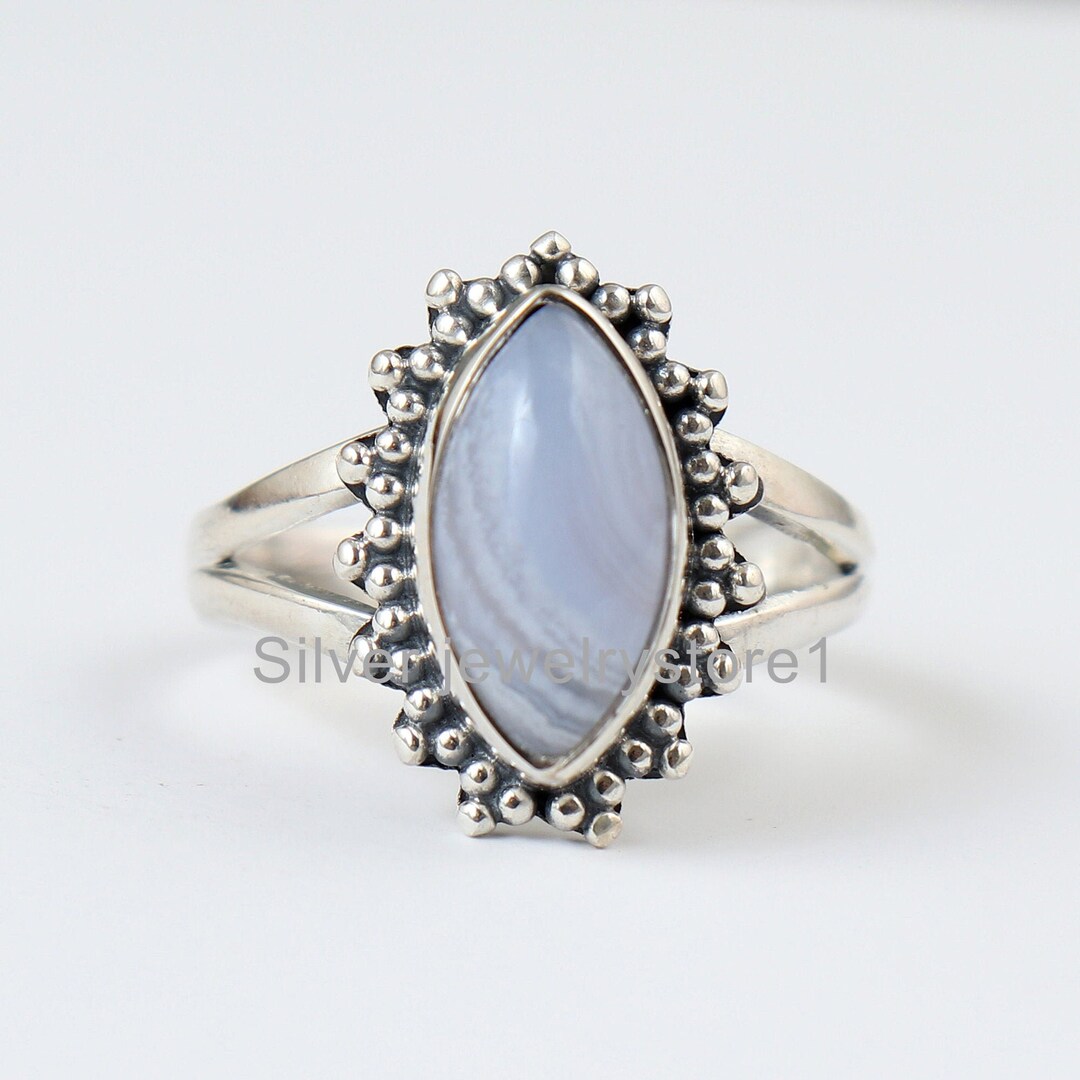 Real Blue Lace Agate Ring, Silver Ring Organic Stone Ring, 925 Sterling ...