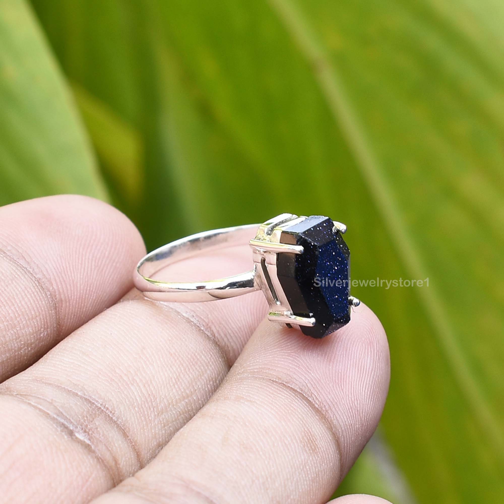 Coffin Ring Blue Sunstone Ring Sterling Silver Ring Prong | Etsy