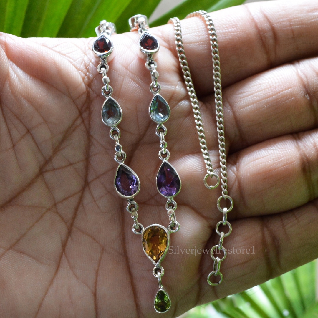 Natural Gemstone Necklace, 925 Sterling Silver Necklace, Multi Gemstone ...
