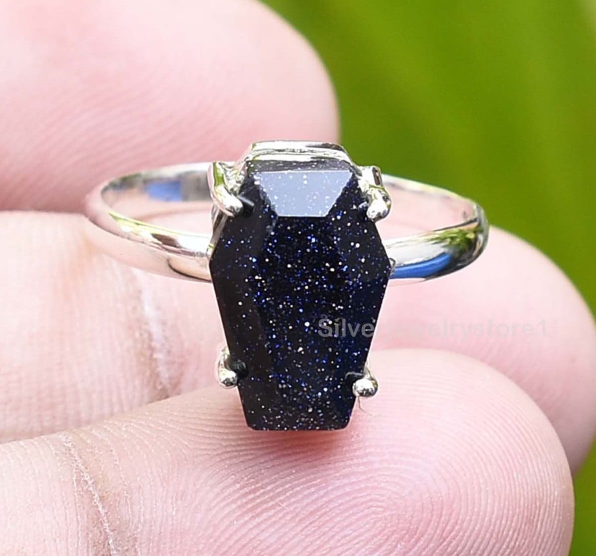 Coffin Ring Blue Sunstone Ring Sterling Silver Ring Prong | Etsy