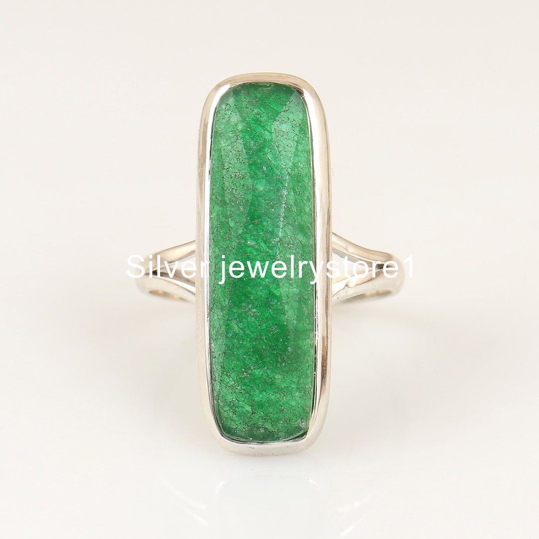 Natural Green Jade Ring , Rectangle Shape Stone Ring , 925 Sterling ...