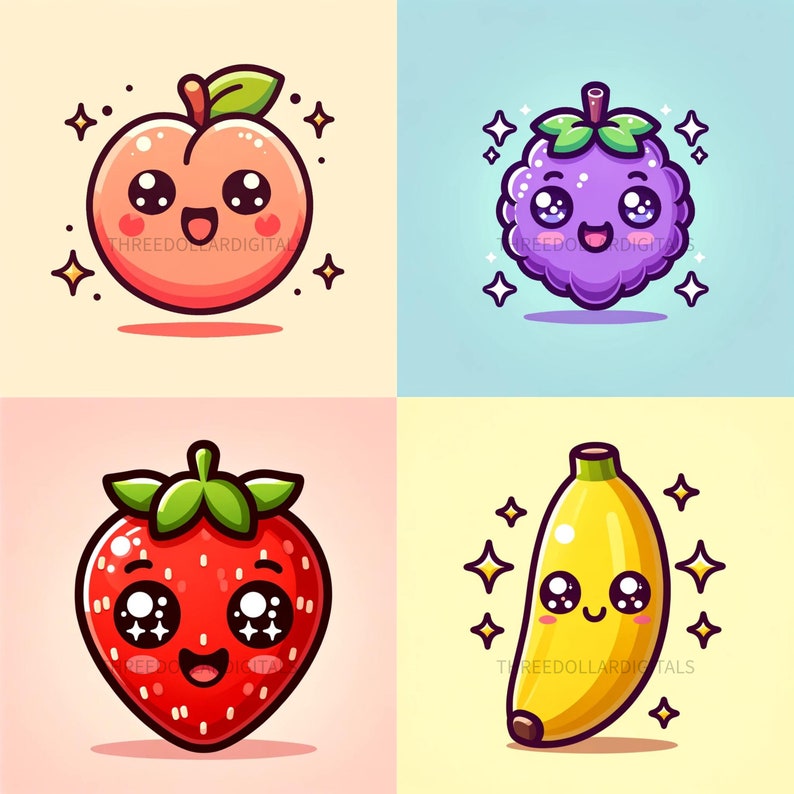 8 Kawaii Fruits, Cute Clipart Set - Transparent PNG & High-resolution ...