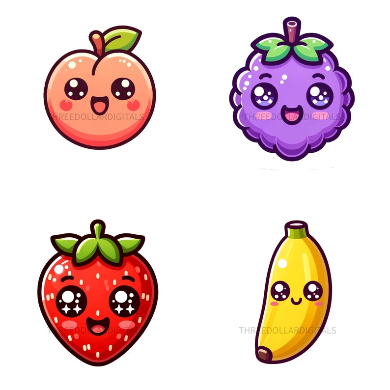8 Kawaii Fruits, Cute Clipart Set - Transparent PNG & High-resolution ...