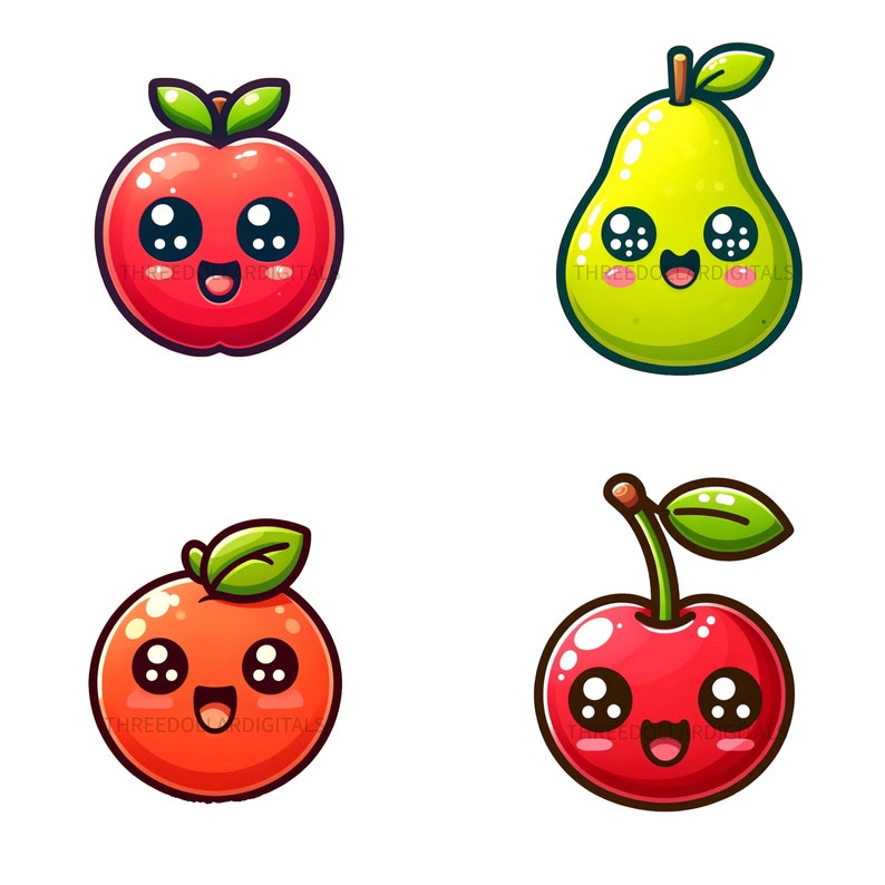 8 Kawaii Fruits, Cute Clipart Set - Transparent PNG & High-resolution ...