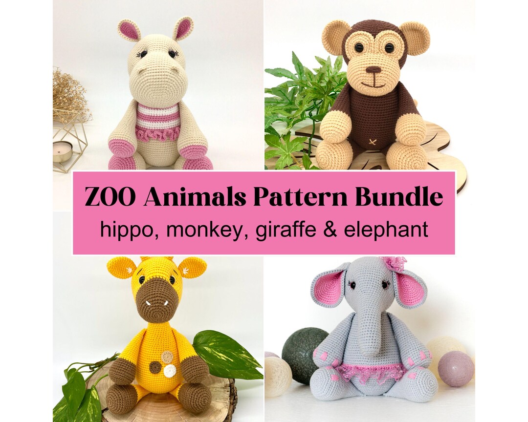 ZOO Animals Pattern Bundle (4 Patterns) - Hippo Crochet Pattern, Monkey ...
