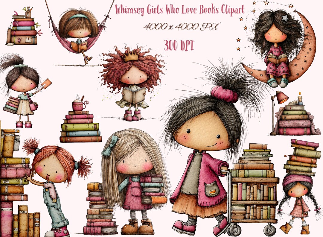 Bookish Girls Clipart 37 PNG, Whimsical Reading Graphics, Book Lover ...
