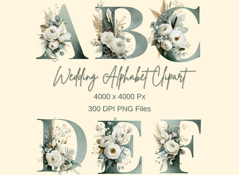 Sage Green Wedding Alphabet A-Z PNG, Floral Monogram Letters, Botanical ...
