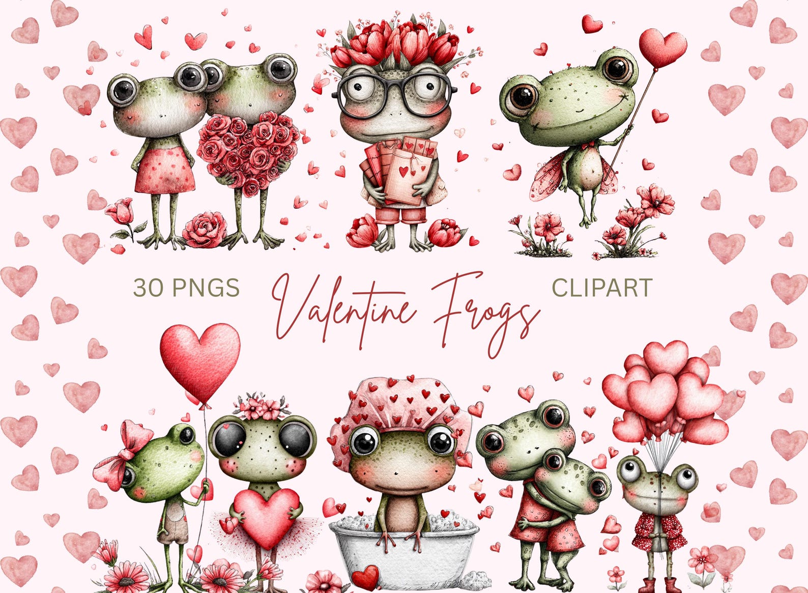 30 Whimsical Valentine Frogs Clipart, 300 DPI, Cute Watercolor Graphics ...