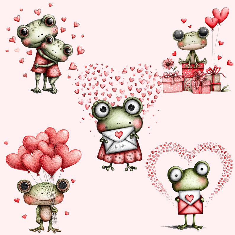 30 Whimsical Valentine Frogs Clipart, 300 DPI, Cute Watercolor Graphics ...