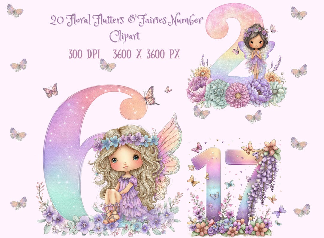 20 Fairy Numbers 1-20 Clipart PNG, Iridescent Rainbow Birthday Graphics ...