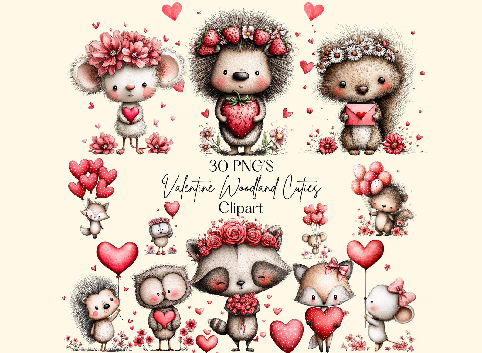 30 Whimsical Valentine Woodland Animals Clipart, Cute Watercolor ...