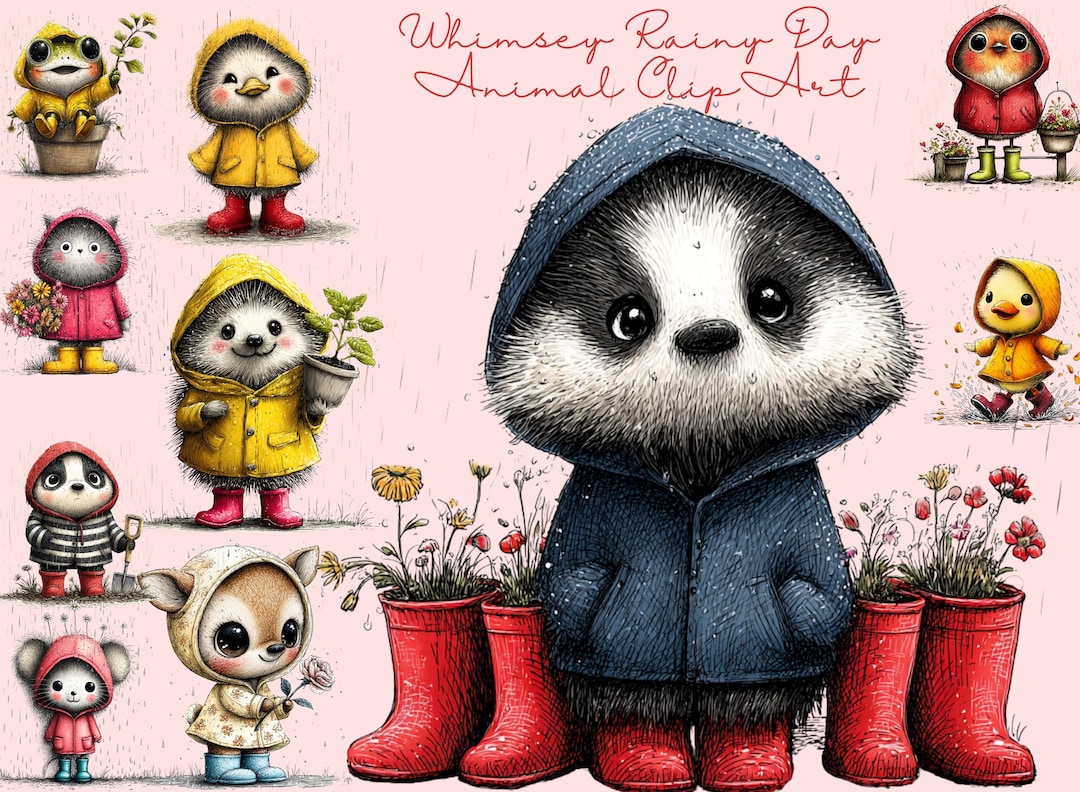 Rainy Day Animal Clipart PNG - 30 Cute Animals in Raincoats - Kawaii ...