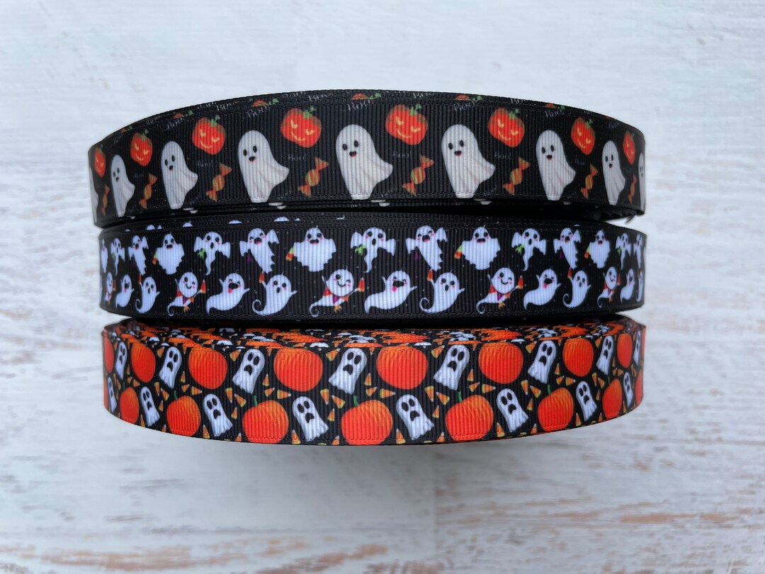 7/8" Ghost Grosgrain Ribbon ,ghost and Pumpkin Halloween Grosgrain ...