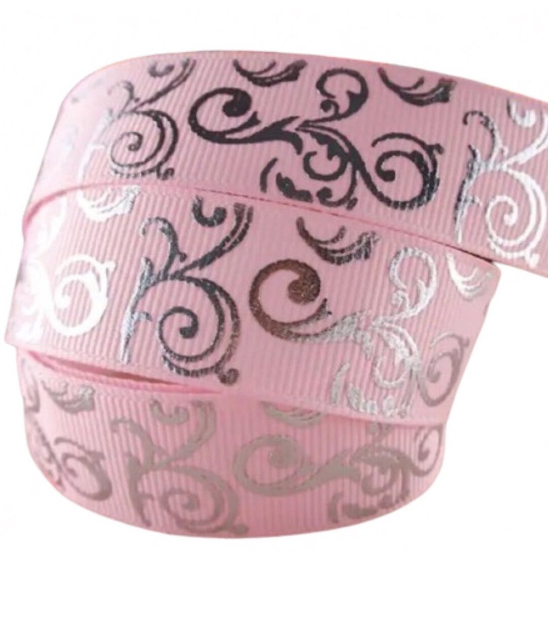 7/8" Silver Foil Swirls Damask Grosgrain Ribbon DIY Hair Bow ,light ...